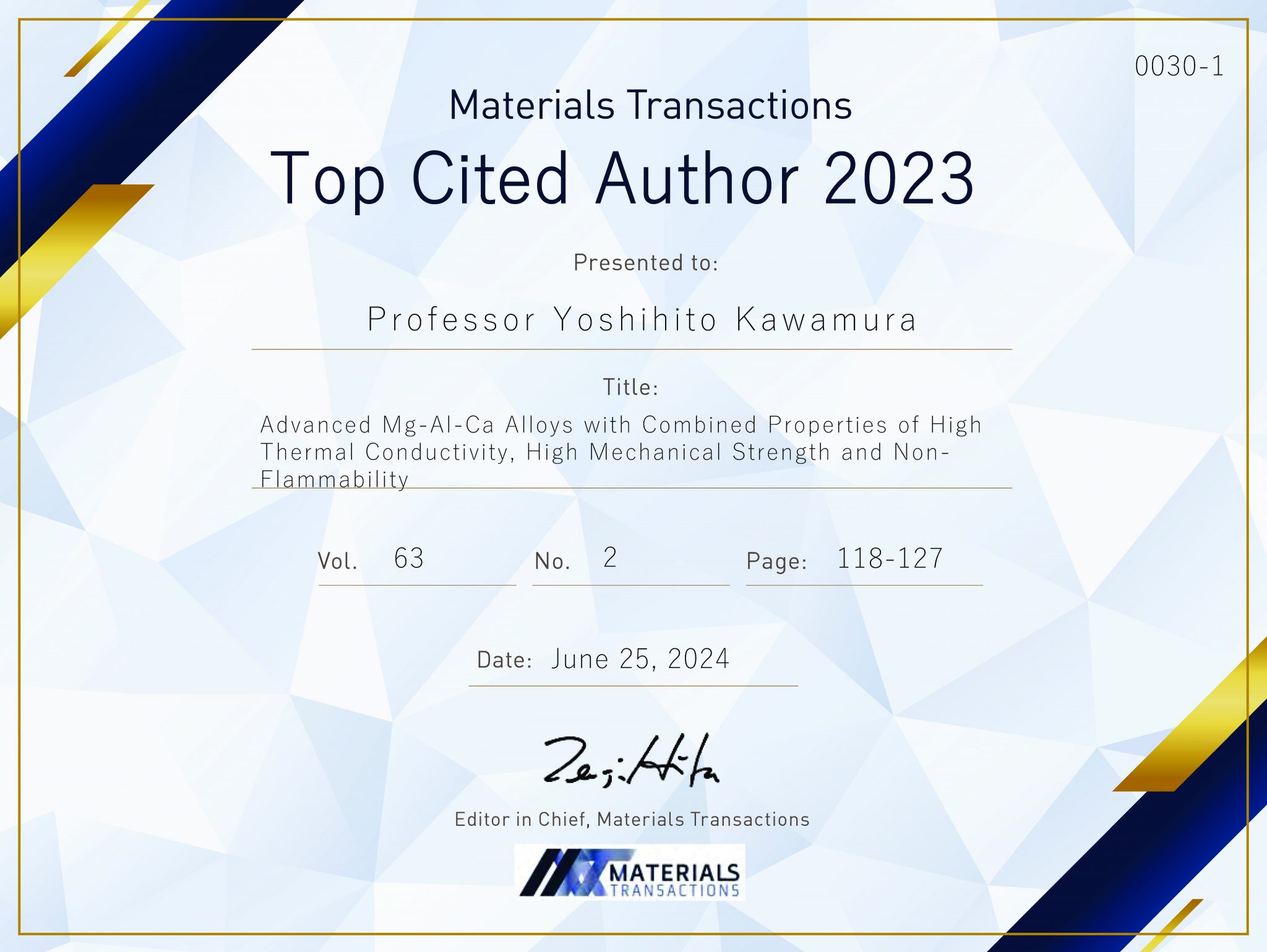 Materials Transactions誌編集委員会から表彰状を頂きました - 熊本大学 先進マグネシウム国際研究センター